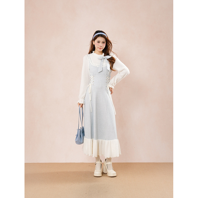 【晴空之绊】法式气质优雅约会穿搭中长裙女温柔水貂绒绑带连衣裙