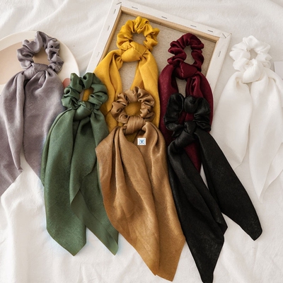 1Pc Solid Color Bow Satin Ribbon Ponytail Scarf Hair Tie