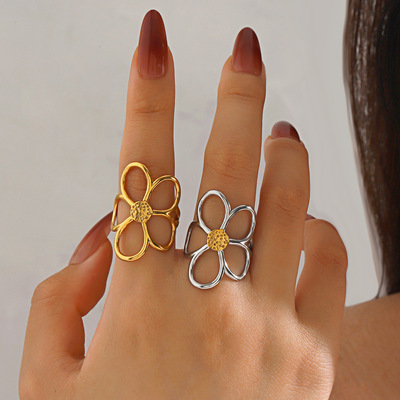 Popular 18k Gold-plated Flower Ring Personality Hip-hop Exag
