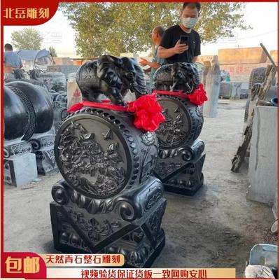 石雕门墩抱鼓石一对青石仿古大象麒麟貔貅门鼓家用别墅门口石摆件