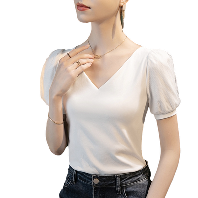 V领T恤女短袖泡泡袖洋气
