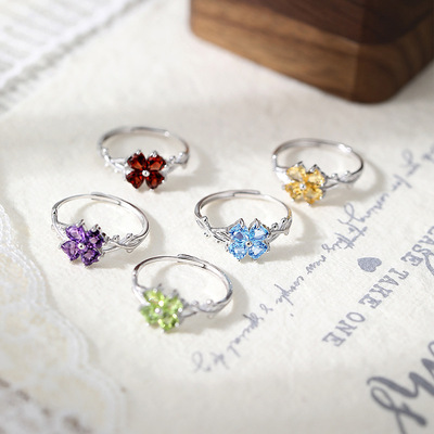 realtreasure s925纯银荆棘四叶草戒指女高级天然晶石