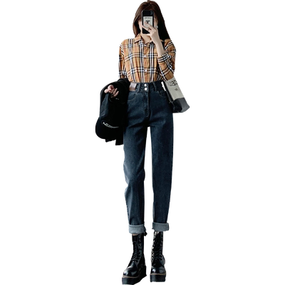 哈伦高腰老爹裤佩艳牛仔裤女长裤