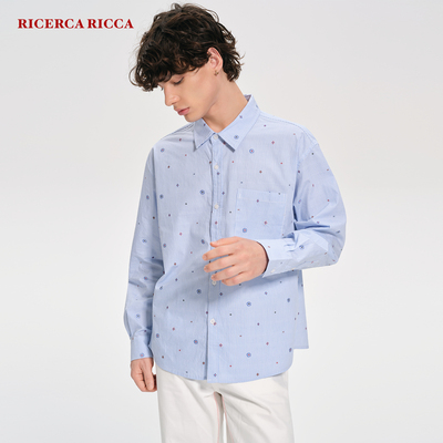 【RiRi】Ricerca Ricca 百搭休闲慵懒剪花趣味印花条纹衬衫情侣款