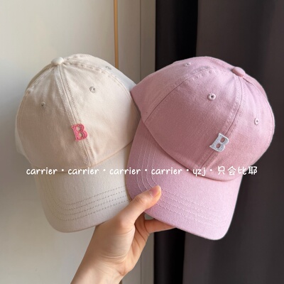 Carrier 韩国夏日甜粉色B字标字母鸭舌帽学生软顶加宽帽檐棒球帽