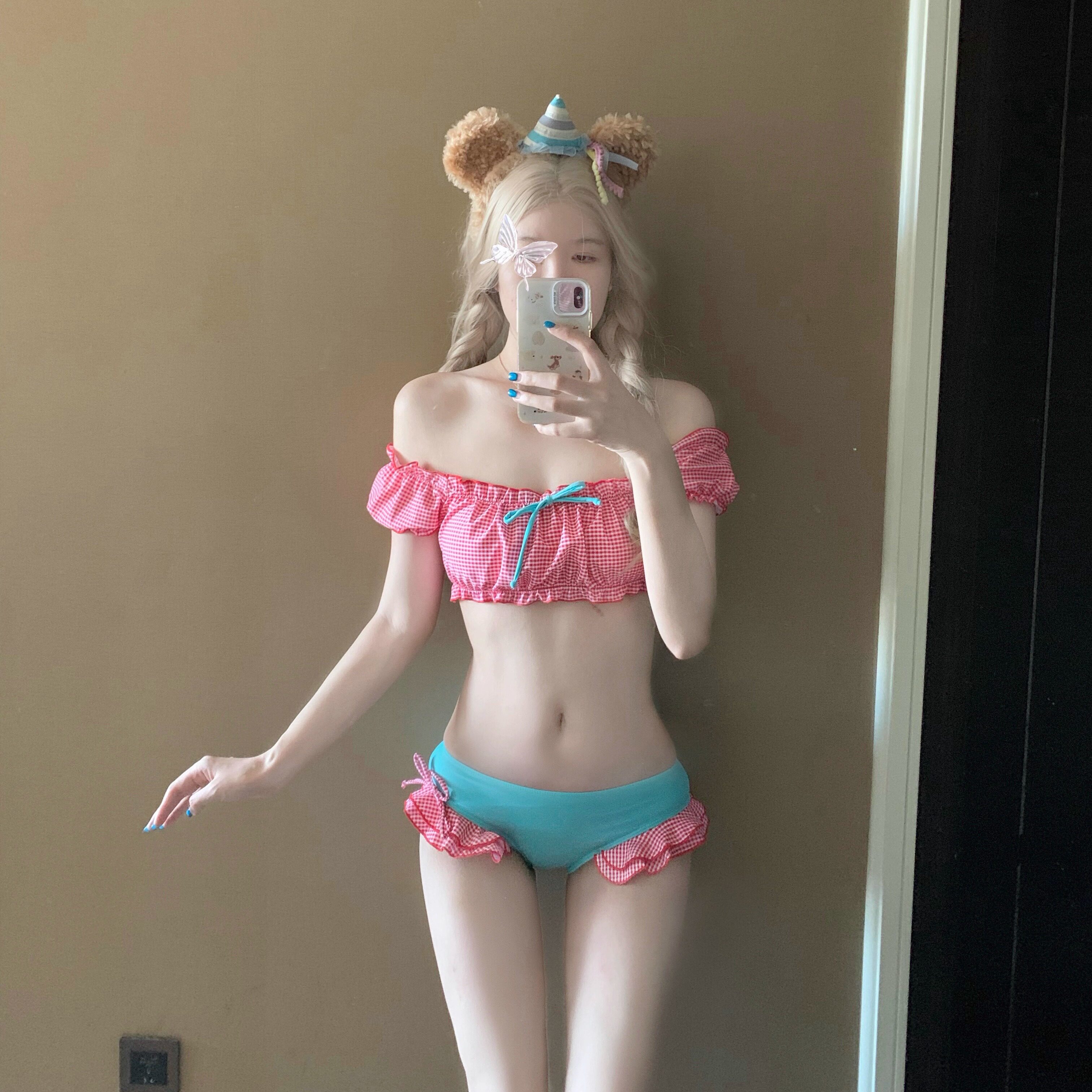 AYSTUDIO少女甜美可爱风分体格子泳衣女两件套纯欲风显白度假温泉