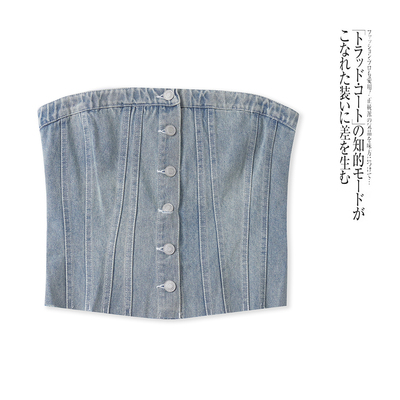 牛仔抹胸上衣 夏秋新款外贸女装时尚单排扣松紧褶皱拼接背心32012
