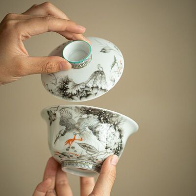 仙鹤福禄墨彩三才盖碗茶杯家用不烫手泡茶器可悬停盖碗功夫茶具