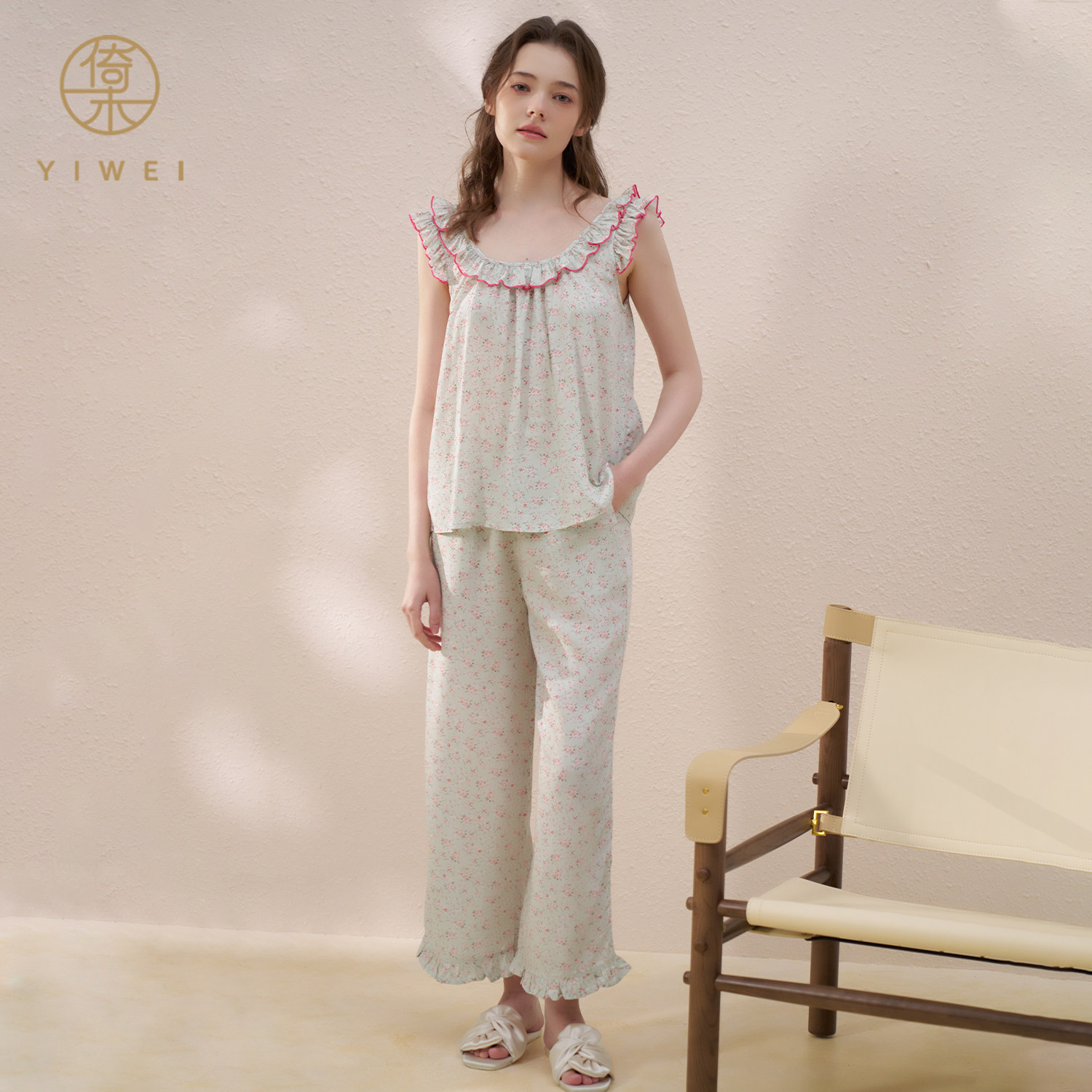 倚未YOLOO 软糯舒适无袖碎花睡衣女夏纯棉木耳边家居服套装可外穿