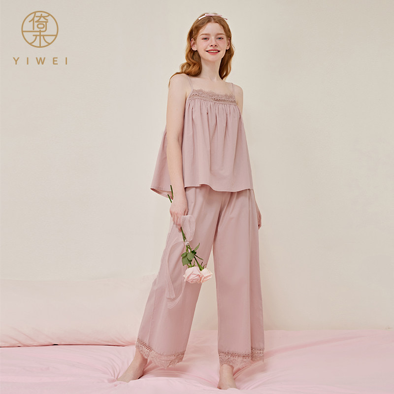 倚未新款睡衣女夏季可外穿纯棉吊带九分裤套装纯色甜美花边家居服