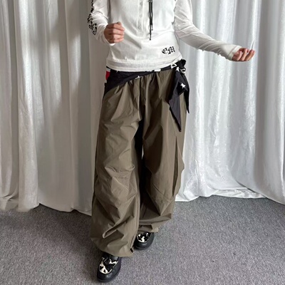 工装伞兵裤叠穿屁帘褶皱阔腿裤