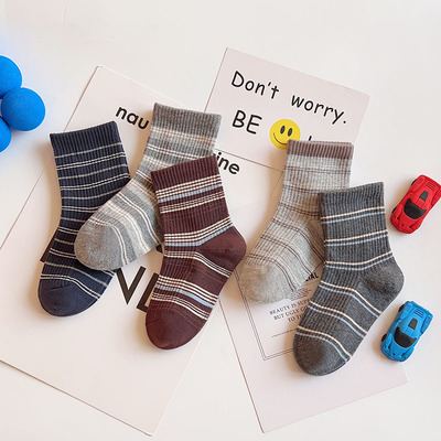 爱嘀嗒儿童袜子秋冬季精梳棉韩版复古色条纹男童学生运动中高筒袜