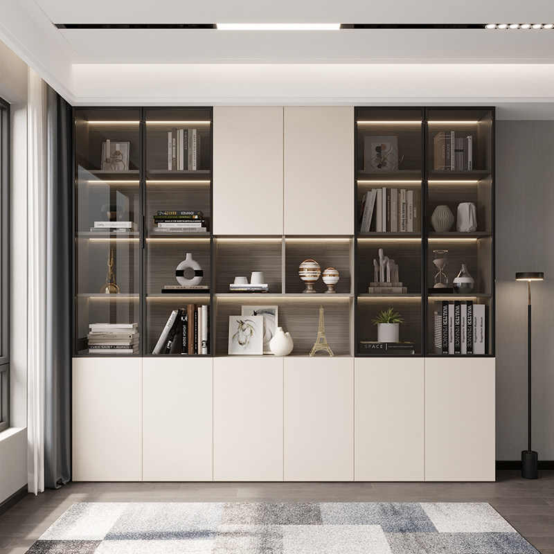 现代简约家用书架玻璃门客厅置物架书柜轻奢书房展示柜整墙储物柜_虎窝淘