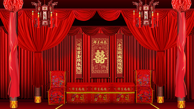 婚礼中式结婚对联喜字古典高堂座椅桌子喜庆红色纱帘灯笼高清图片