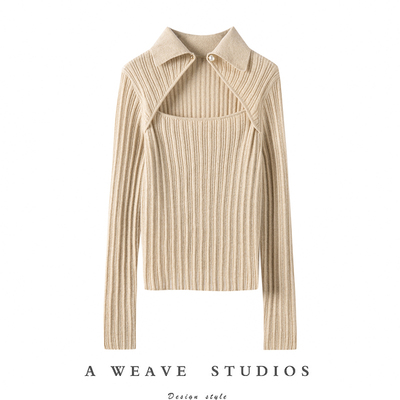 新款POLO镂空翻领羊绒衫女