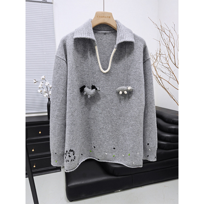 萨琪尼官方正品！100%山羊绒纱纯手工挂件钩织v领针织衫上衣新款