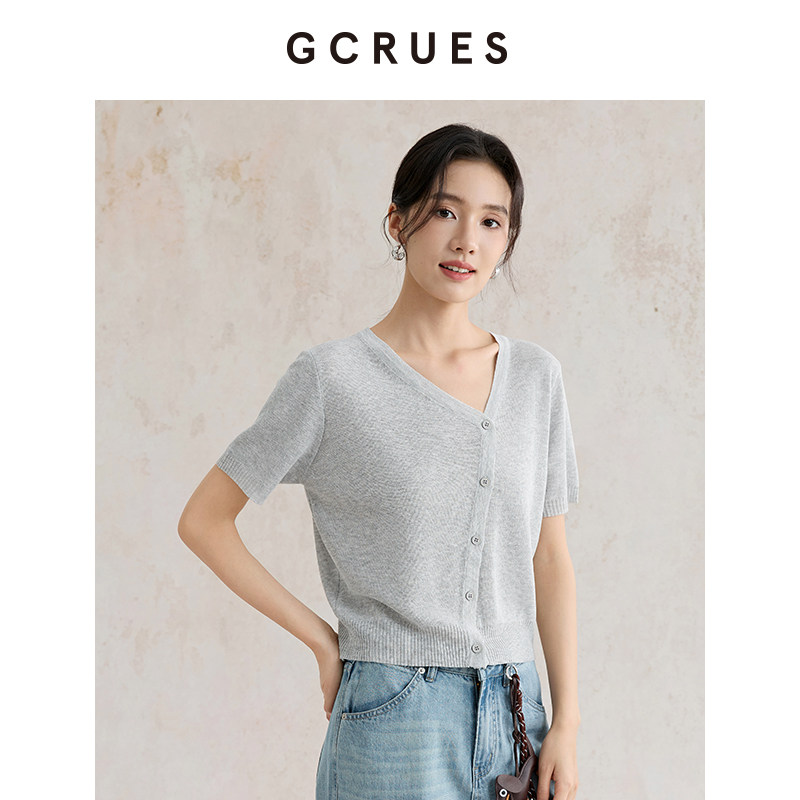 GCRUES商场同款针织短袖开衫女夏季百搭短款灰色T恤 G05X04A2762