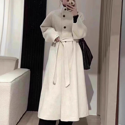 韩系立领新年款双面羊毛大衣女25秋冬新单排扣长款双面绒外套