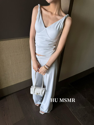 HUMSMR正版2026夏季新款韩版洋气百搭ins纽带纯色带胸垫吊带背心