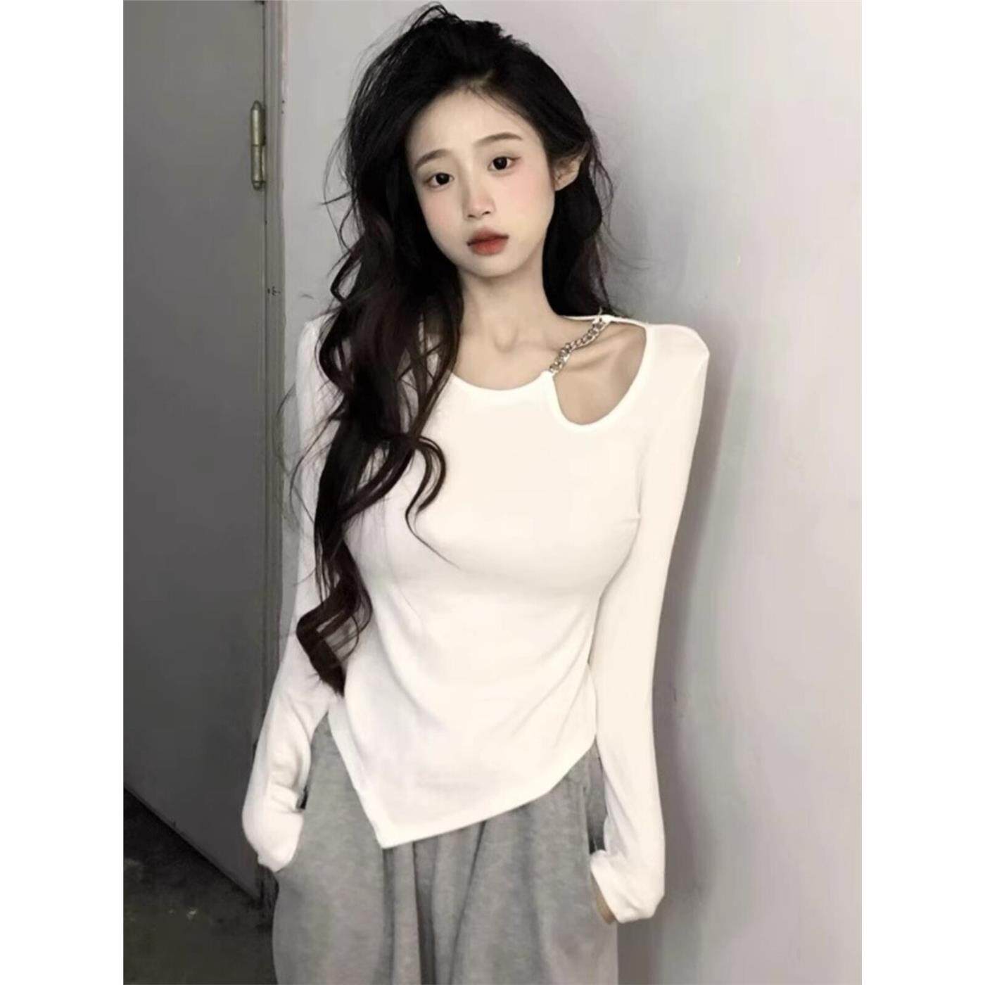 纯欲正肩修身不规则露锁骨长袖t恤女打底衫设计感独特收腰上衣潮
