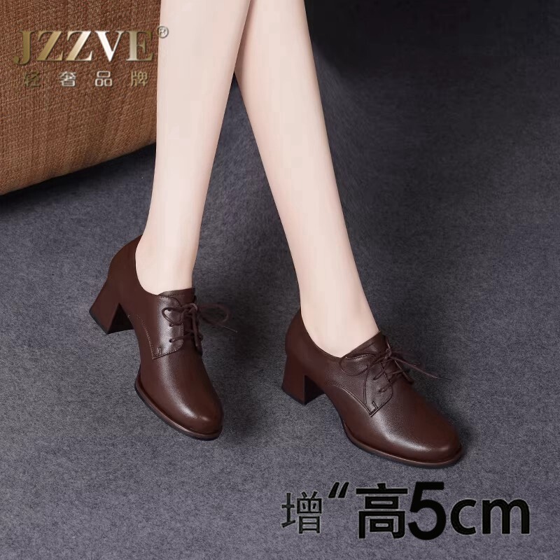 【墨鱼丸子】深口真皮单鞋女头层牛皮圆头粗跟增高5cm软皮妈妈鞋
