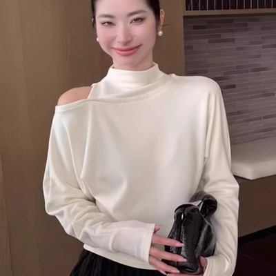 韩系白色半高领长袖T恤打底衫女