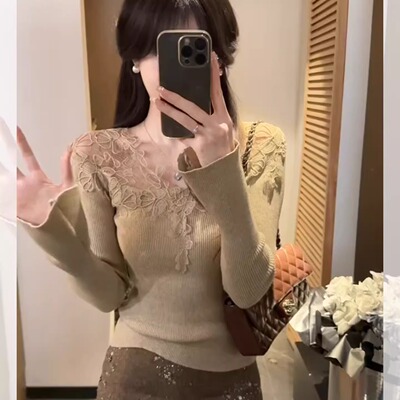 法式卡其蕾丝拼接针织打底衫女