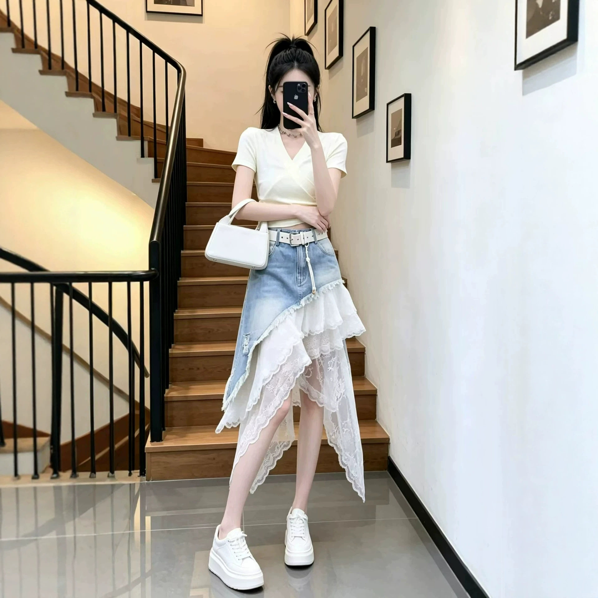 独特设计感漂亮套装女夏季V领褶皱短袖纱网牛仔拼接半身裙两件套