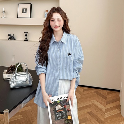 唐狮2025春秋条纹衬衫女长袖浅蓝色休闲宽松刺绣小狗可爱风衬衣BL