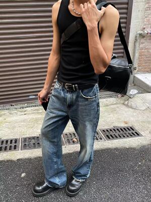 Baseplate 内华达水洗微喇密针脚压褶做旧蓝色纯棉cleanfit牛仔裤