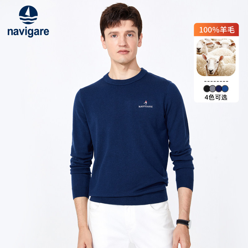 [纯羊毛]Navigare意大利小帆船蓝色套头毛衣男冬季圆领休闲针织衫_虎窝淘