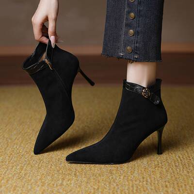 Rsemnia细跟羊皮尖头瘦瘦靴2025秋冬新款气质真皮高跟及踝短靴女