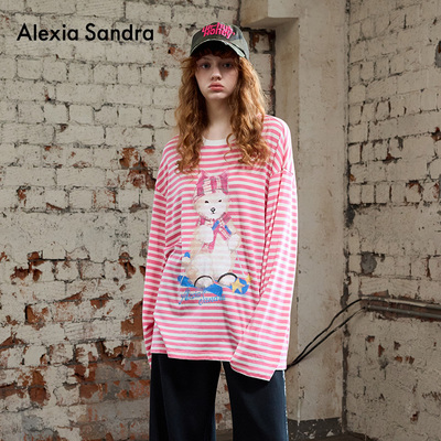Alexia Sandra2025秋季新款滑雪小狗印花撞色领宽松条纹长袖T恤女