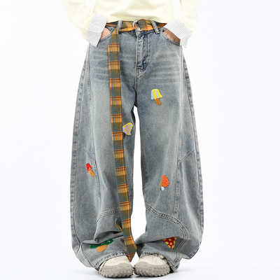 弯刀长裤美式蘑菇毛巾绣牛仔裤潮