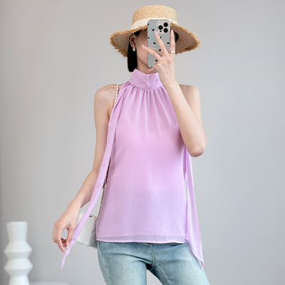 法式仙气飘飘绝美挂脖飘带雪纺衫