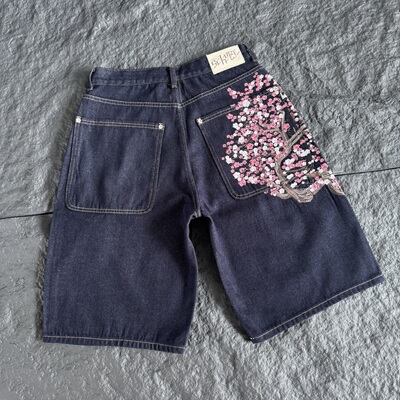 derschutze blossom V2 jorts落花刺绣牛仔裤男女宽松休闲五分裤