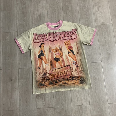 Life Hustlers 2027时尚潮牌女郎印花磨边破洞烫钻拼接短袖T恤