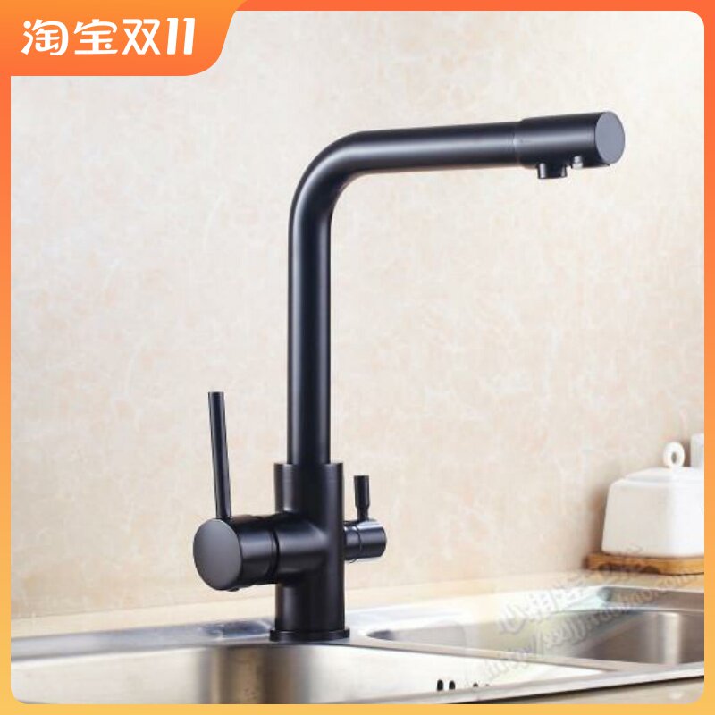 冠爵全铜黑色烤漆冷热纯净水三合一三用旋转厨房水槽洗菜盆水龙头