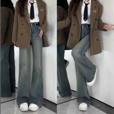 美式覆古微喇牛仔裤女2025新款春季高腰遮胯显瘦不贴腿弹力喇叭裤