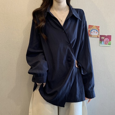 设计感不规则系带正肩衬衫女春2026胖MM新款收腰显瘦遮肚别致上衣