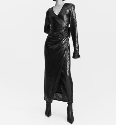 外贸单H家重工女高品质2025秋季新款法式舞台褶皱性感亮片连衣裙