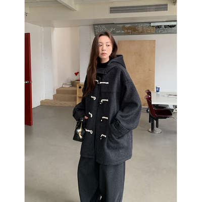 中长款韩版牛角扣呢大衣
