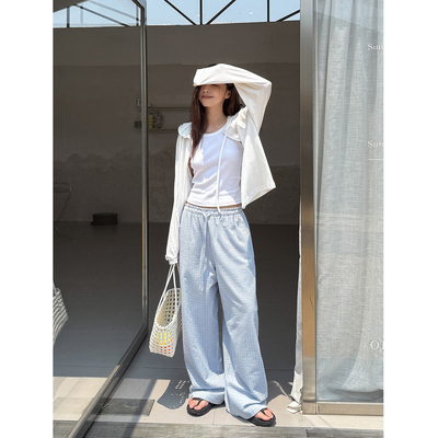 蓝色系绳阔腿休闲裤女夏慵懒直筒