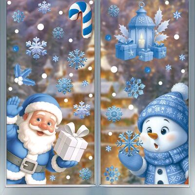 Christmas Window Stickers Winter Snowman Santa Claus Snowfla