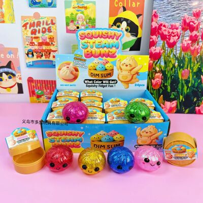 1-6pcs Glitter Dumpling Squishy With Steamer Box  Squeeze To