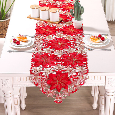 Christmas Flower Embroidered Table Runner Christmas Red Flow