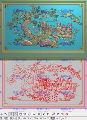 精雕图灰度浮雕图祥云松鹤梅花鹿福禄寿童子寿桃沙发背板478x294