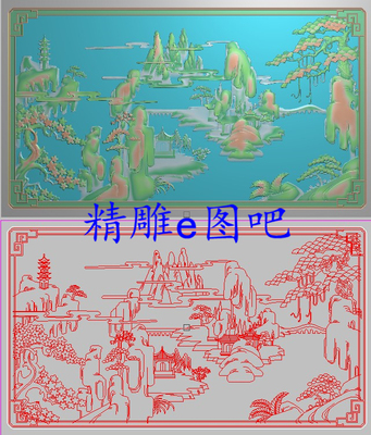 树木塔精雕图山水面板灰度图浮雕图精品大如意平几面1358x783新款