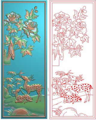 鹿牡丹墙壁挂匾精雕图灰度图浮雕图 精品竹子梅花鹿背板153x406