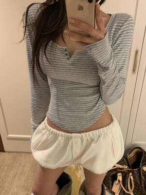 韩国直邮东大门正品代购2026春季新款 virkin 搭扣条纹修身T恤